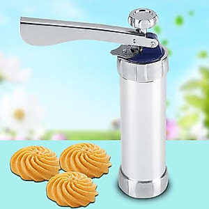 Cookie Press, Stainless Steel Churro Maker Machine Biscuit Press Cookie Gun Set with 20 Decorative Molds and 4 Nozzles for DIY Biscuit Maker 8.27 x 6.10in Cookie Press Machine Cookie Press Gun
