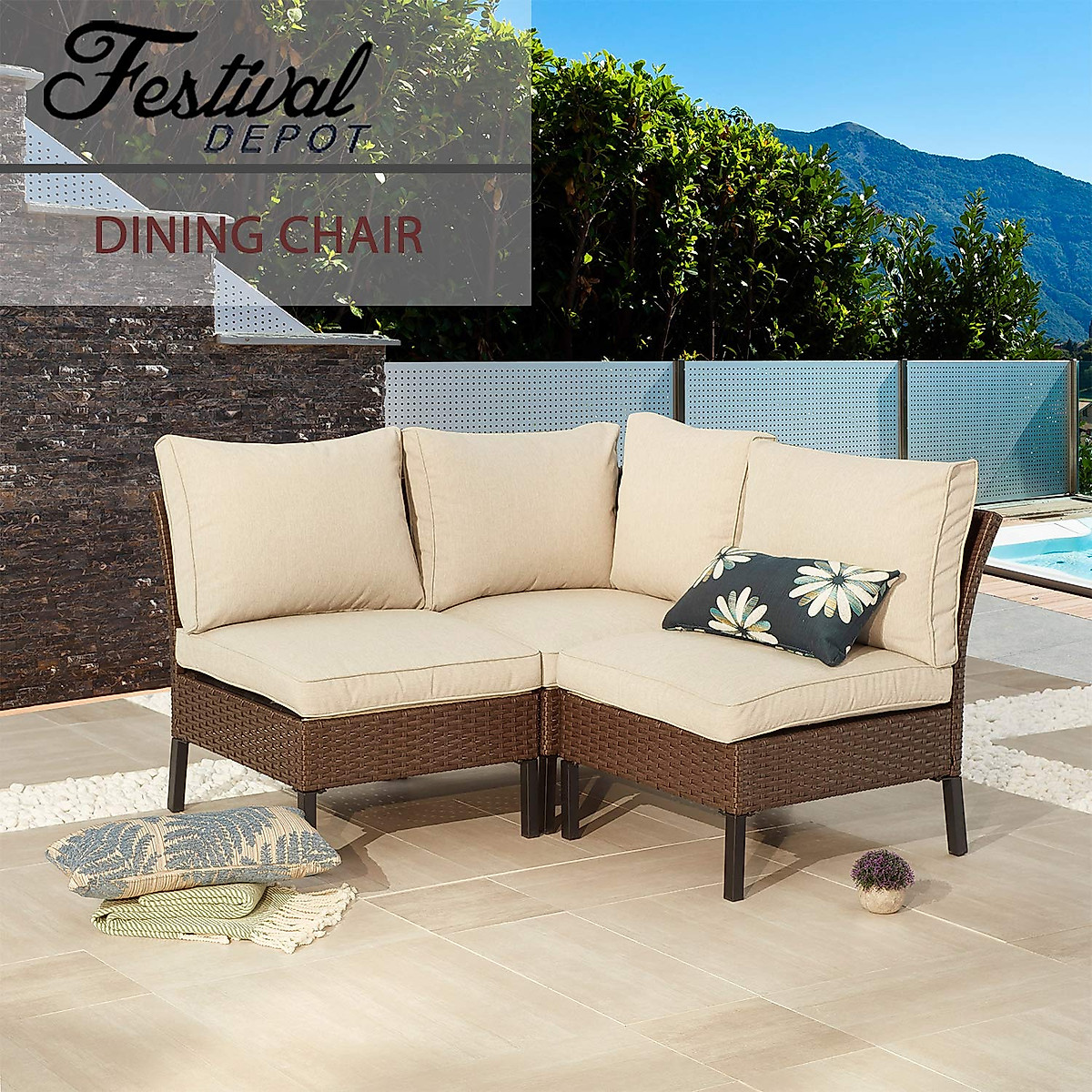 Festival Depot Outdoor Patio Non-Armrest Sofa Armless Chair with Cushions and Metal Frame Wicker Rattan Furniture for Garden Backyard Pool