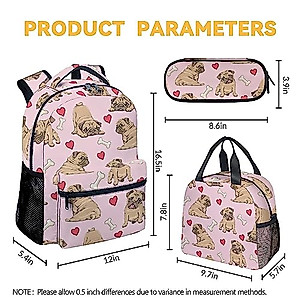 GIHSWE Pug Backpack with Lunch Box, Set of 3 School Backpacks Matching Combo for Girls Boys, Cute Lightweight Bookbag and Pencil Case Bundle