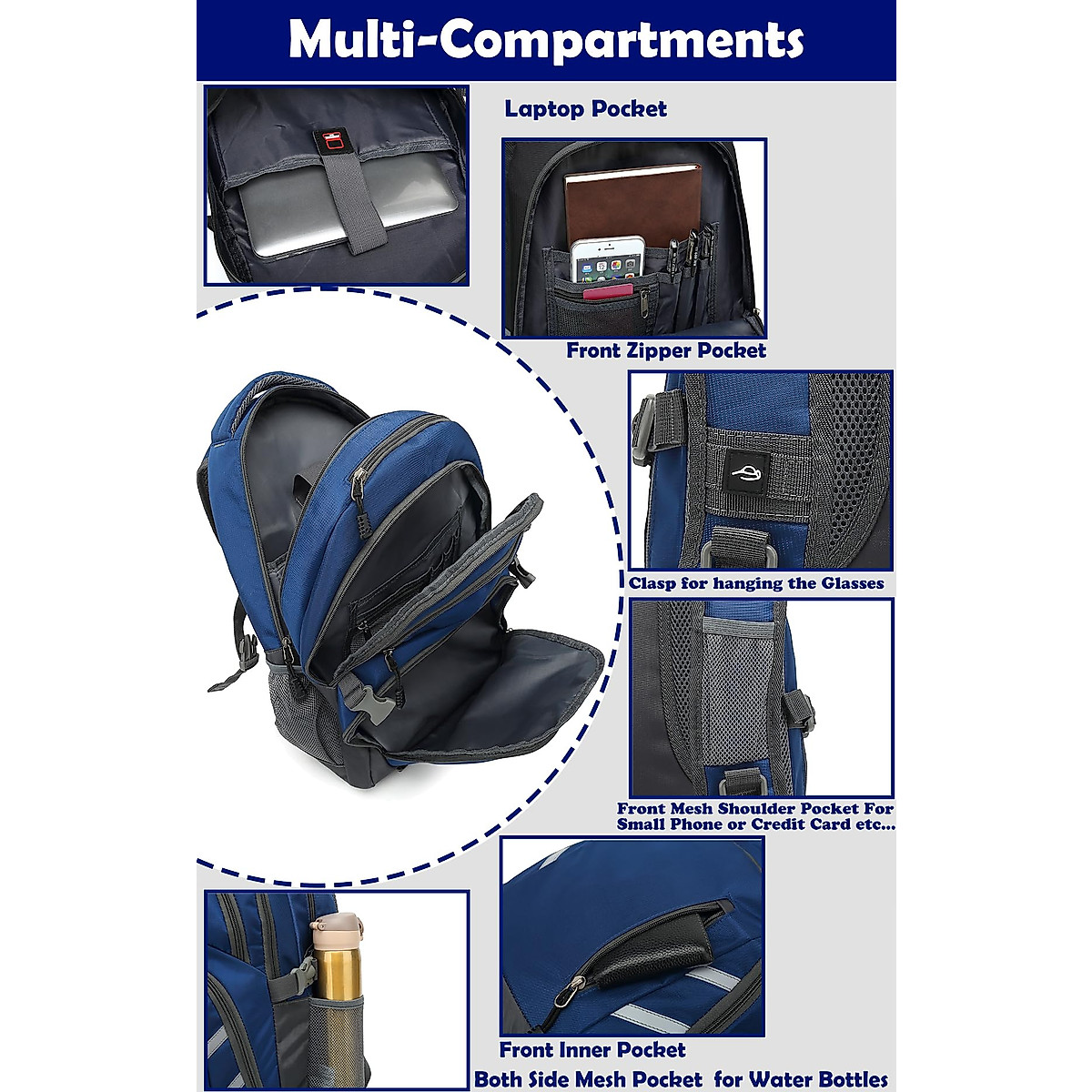 ProEtrade Backpack Bookbag for College Laptop Travel,Fit Laptop Up to 15.6 inch with USB Charging Port Multi Compartment Anti theft, Gift for Women Men (Blue)