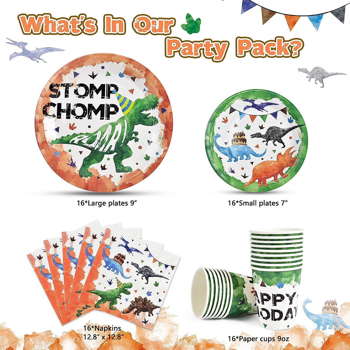 Watercolor Dinosaur Party Supplies - Disposable Dinosaur Party Tableware for Kids Boys Birthday Includes Luncheon Dinner Dessert Plates Napkins Paper Cups Serves 16 Guests 64 PCS