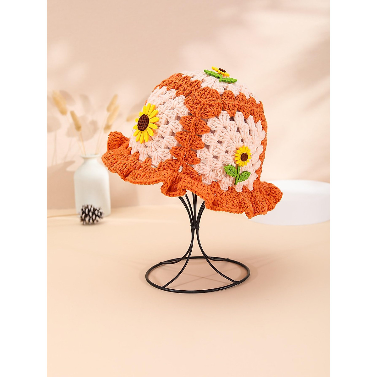 Verdusa Women's Floral Applique Crochet Bucket Hats Knit Caps Orange one-Size