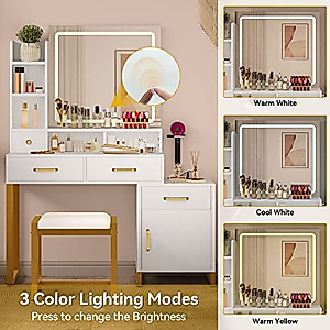 DWVO Vanity Desk with Mirror and Lights, Makeup Vanity with Lights and Drawers, Vanity Mirror with Lights and Table Set, 3 Color Adjustable Lighting Brightness & Power Outlet, White