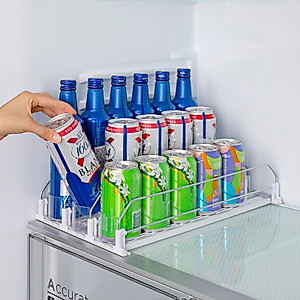 Rula Drink Organizer for Fridge, Width Adjustable Water Bottle Pusher Glide, Self-Pushing Soda Can Dispenser for Refrigerator - Holds up to 15 Cans (15"D, 3 Rows)