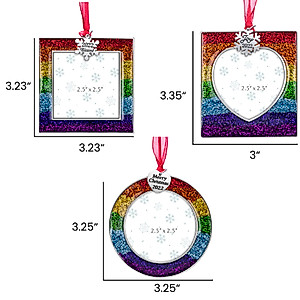 2022 Christmas Tree Ornaments - Made of Zinc Alloy Glitter Powder Pendant 2.5x2.5 Inch Picture Frame for Pet and Baby Holiday Keepsake Gift (Rainbow)