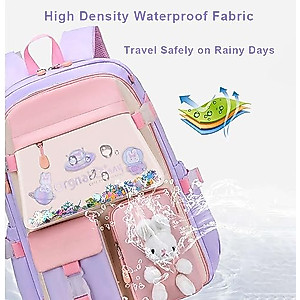 Nzahdwu Kawaii Backpack Girls, Cute Bunny Backpacks,Cartoon Large Capacity Waterproof Backpack Multifunction Laptop Travel Bag for Teens (Purple-17.7in)