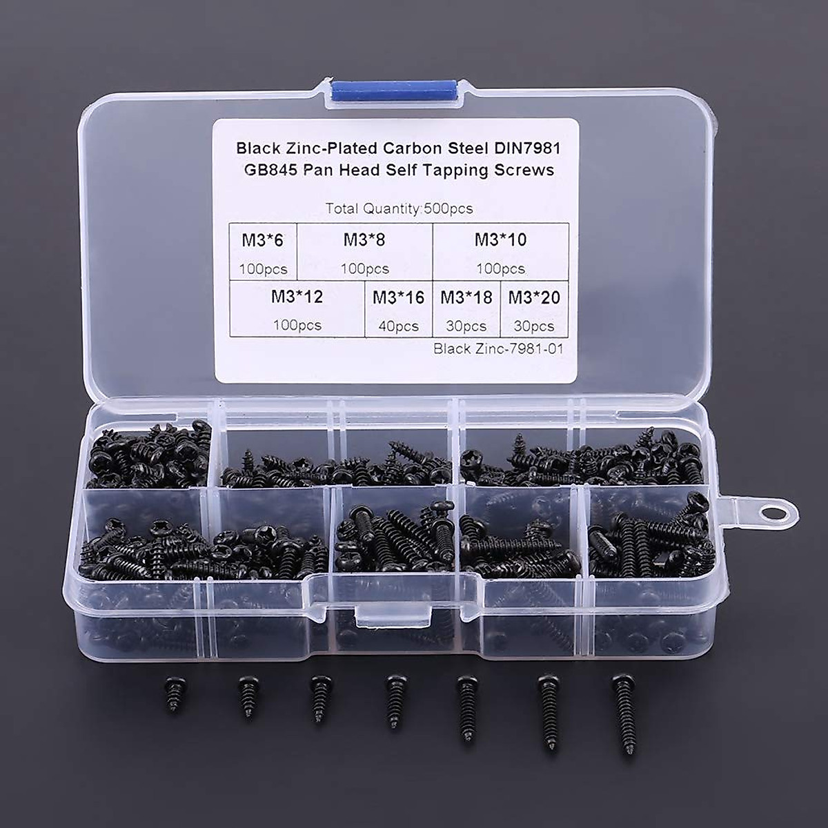 Button Head Screws, 500PCS M3 Cross Drive Button Head Self-Tapping Screws Fastener Assortment Set with Plastic Box Head Bolts Stainless Button Head Screws (Black Carbon Steel)