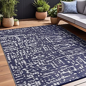 Beverly Rug Abstract Outdoor Rugs 6x9 Waterproof Reversible Plastic Straw Rug Outdoor Carpet, Outside Mat for Patio, Camping, Picnic, Porch, Deck, RV, Beach, Pool, Blue and White