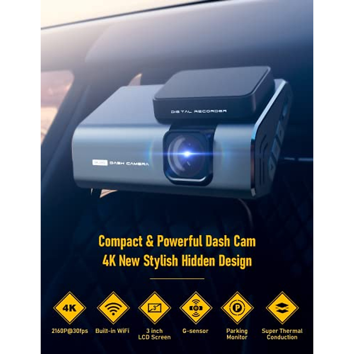 FocuWay Car Dash Cam 4K Car Camera Small WiFi Front Dash Cam with App, Aluminum Alloy Super Thermal Conduction Dashcam with Rotatable Lens, WDR Night Vision, Loop Recording, G-Sensor, Parking Monitor