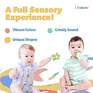 Liname 2 Pack Teething Mitten with Soothing Toy - Baby Chew Toy and Teething Glove- Infant Teething Mitten Crinkle Sound and Textured Silicone to Soothe Sore and Swollen Gums