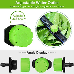 Kalolary 200Pcs Adjustable Irrigation Drippers, 1/4 Inch Barbed Drip Emitter 360 Degree Watering Sprinklers Anti-Clogging Drippers for 4mm/7mm Garden Watering System（Green）
