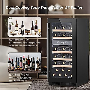 HCK Wine Fridge Dual Zone, Wine Cooler Refrigerator 15 Inch, 29 Bottle, Built-In or Freestanding Under Counter Wine Fridge with LED Light for Wine, Champagne, Home, Kitchen, Office