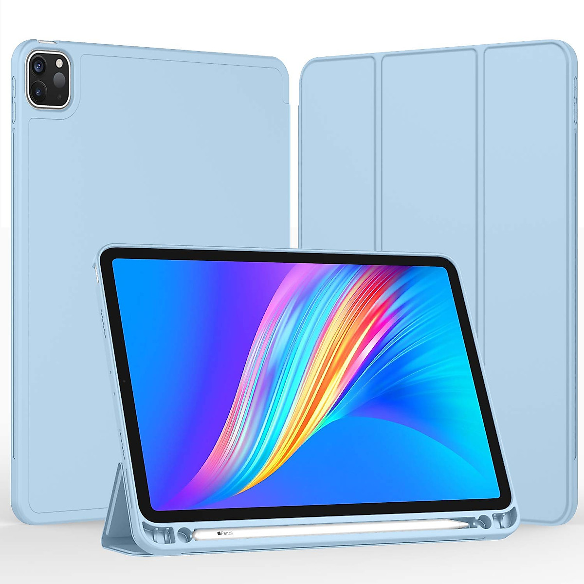 iMieet New iPad Pro 11 Inch Case 2022(4th Gen)/ 2021(3rd Gen) with Pencil Holder [Support iPad 2nd Pencil Charging/Pair],Trifold Stand Smart Case with Soft TPU Back,Auto Wake/Sleep(Sky Blue)