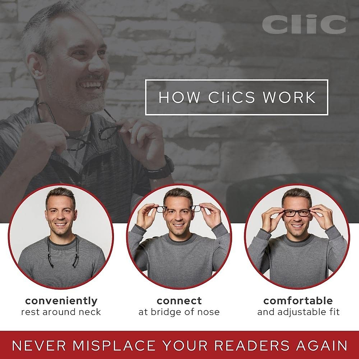 Clic Magnetic Reading Glasses (Expandable), Adjustable Temple Computer Readers, Original Expandable, (Black, 2.50 Magnification)