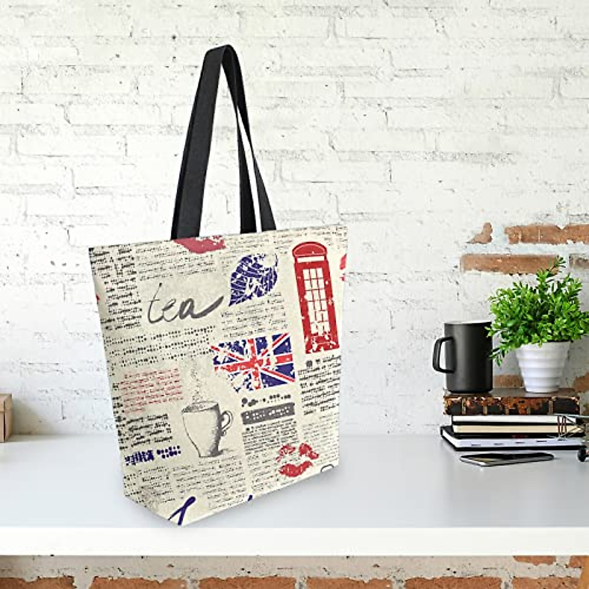 ALAZA Newspaper British Flag Retro Canvas Tote Bag for womenLarge Women Casual Shoulder Bag Handbag,Shopping Grocery Cotton Bag Reusable,Multipurpose,Heavy Duty For Outdoors Weekender Travel
