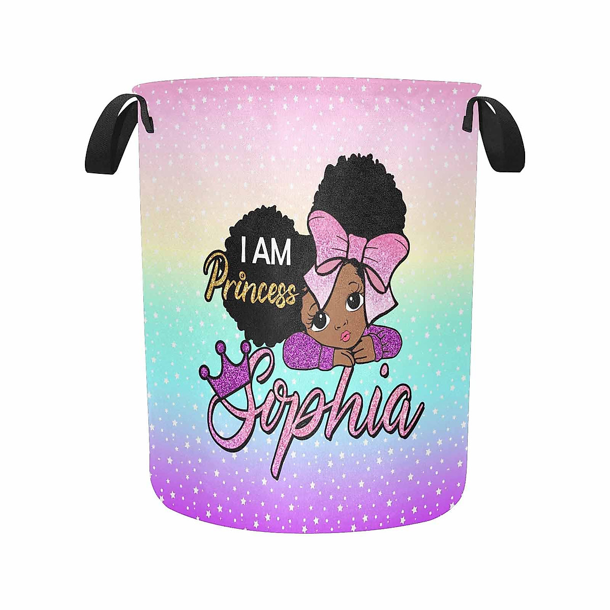 InterestPrint Customized Princess Girl Color Gradient Dot Laundry Hamper with Handle Personalized Name Collapsible Storage Basket Dirty Clothes Basket for Bathroom Bedroom College Dorm