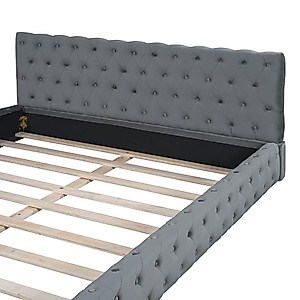 Grounded Bed Upholstered Platform Bed with Unique Design Thick Fabric Headboard, Wood Platform Bed Frame for Kids Adults Bedroom Furniture, Upholstered Bed Floor Bed (Gray-4, Queen)