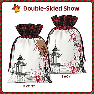 Allgobee Christmas Drawstring Gift Bags Japan-Flower-Temple Buffalo Plaid Drawstring Bag Party Favors Bags