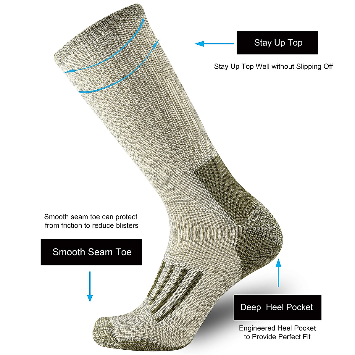 ONKE Merino Wool Cushion Crew Socks for Men Outdoor Hiking All Seasons Work Boot Heavy Thick Thermal Moisture Wicking Control(Green M)