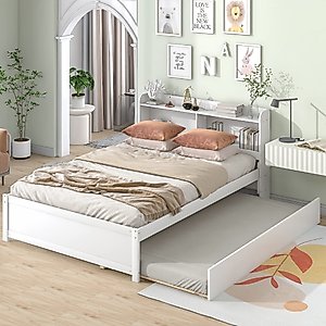 Lifeand Full Wooden Bed with Trundle,Bookcase,White