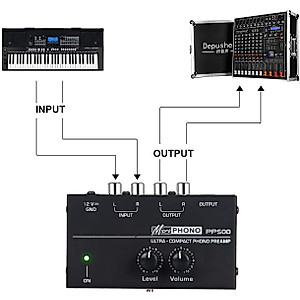 Phono Turntable Preamp-Mini Audio Stereo Phonograph，Separate DC 12V Power Adapter, RCA Input, RCA Output & Low Noise preamp,Portable, Independent Knob Control Operation -Depusheng PP500, Black