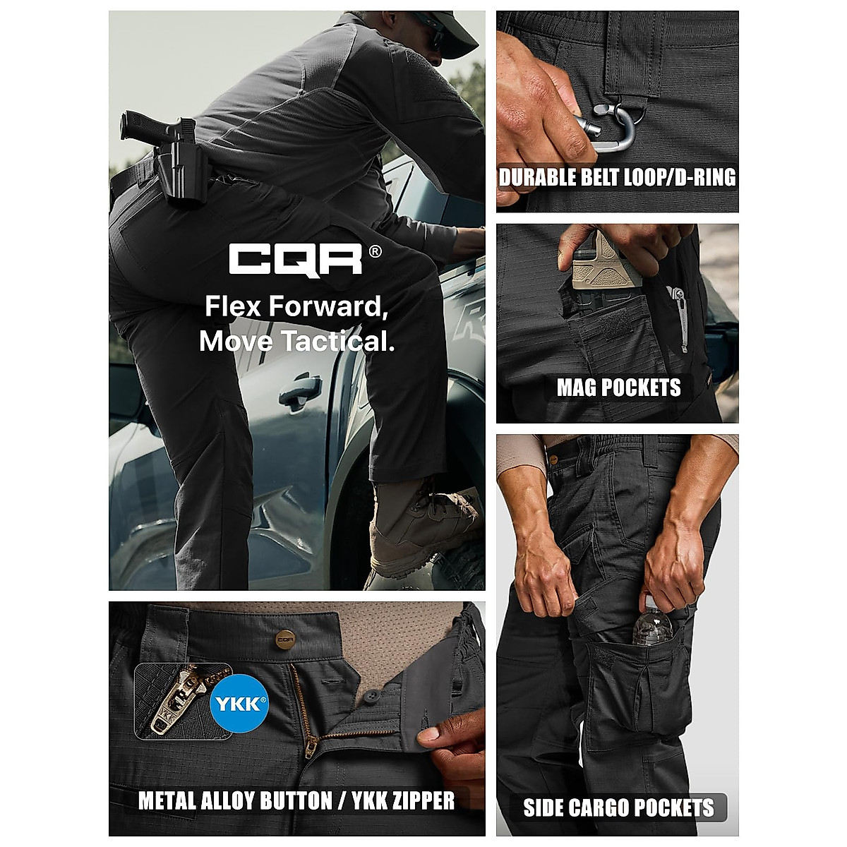 CQR Men's Flex Ripstop Tactical Pants, Water Resistant Stretch Cargo Pants, Lightweight EDC Hiking Work Pants, Dura Flex Mag Pocket Black, 30W x 32L