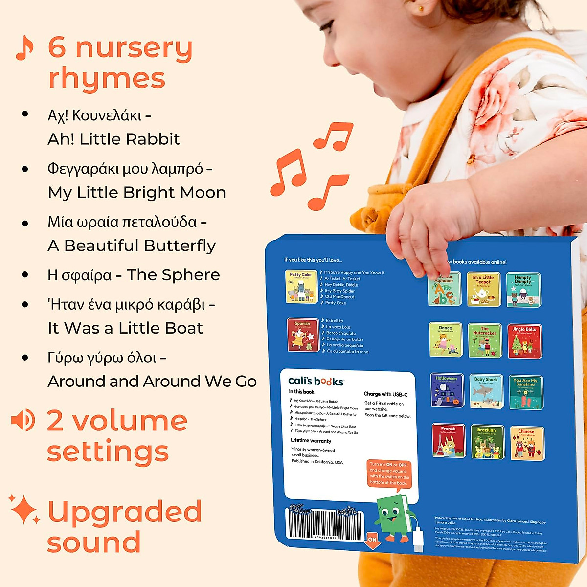 Cali's Books Greek Nursery Rhymes | Bilingual Children's Books | USB C Rechargeable | Interactive Musical Book for Baby, Toddlers | Bilingual Baby Books | Greek Gifts for Kids