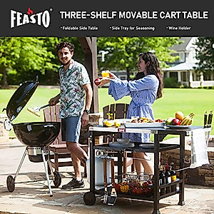 FEASTO Three-Shelf Movable Food Prep Cart Table , Home and Outdoor Multifunctional Stainless Steel Table Top Worktable on Two Wheels, L50’’x W21.7’’x H33’’