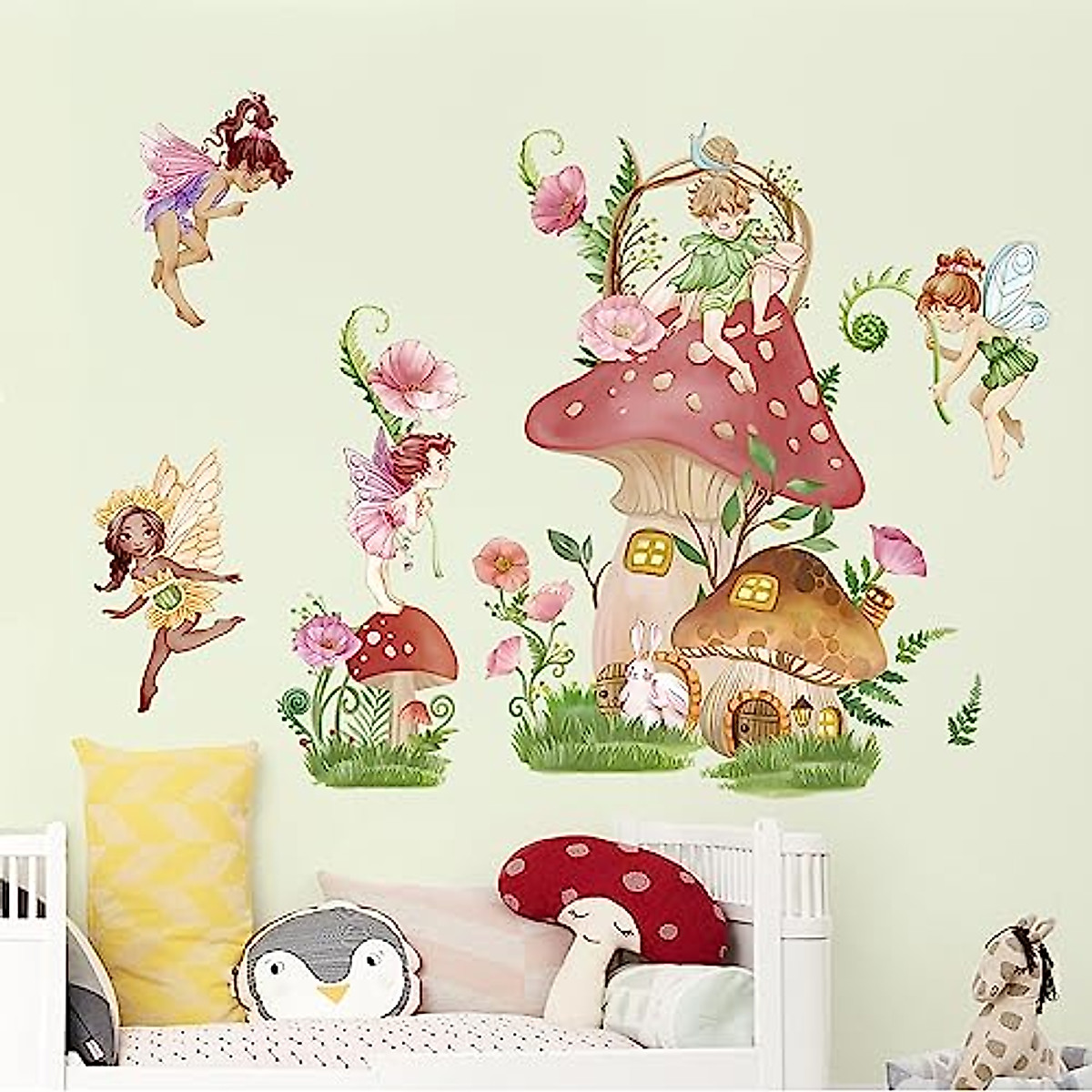 decalmile Forest Mushroom Fairy Wall Decals Elf Flower Grass Butterflies Wall Stickers Girls Bedroom Nursery Classroom Wall Decor