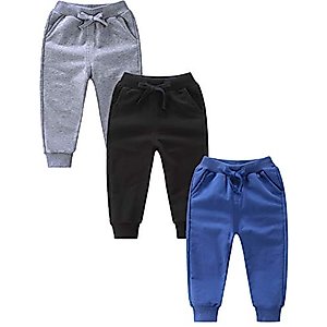 T.H.L.S Toddler Baby Boys Girls Sweatpants Cotton Active Jogger Pants with Pockets 3 Pack Grey Blue Black