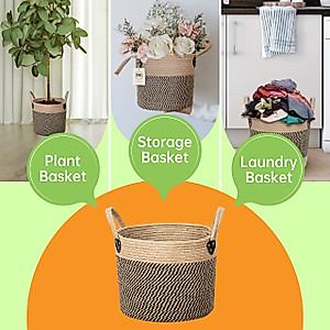 ZOES HOMEWARE 14"x12" Natural Jute Rope Woven Storage Basket with Handles for Plant, Blankets,Toys,Clothes,Shoes - Living Room Home Decor,Multifunctional Basket for Organizer,Picnic,Artificial Tree