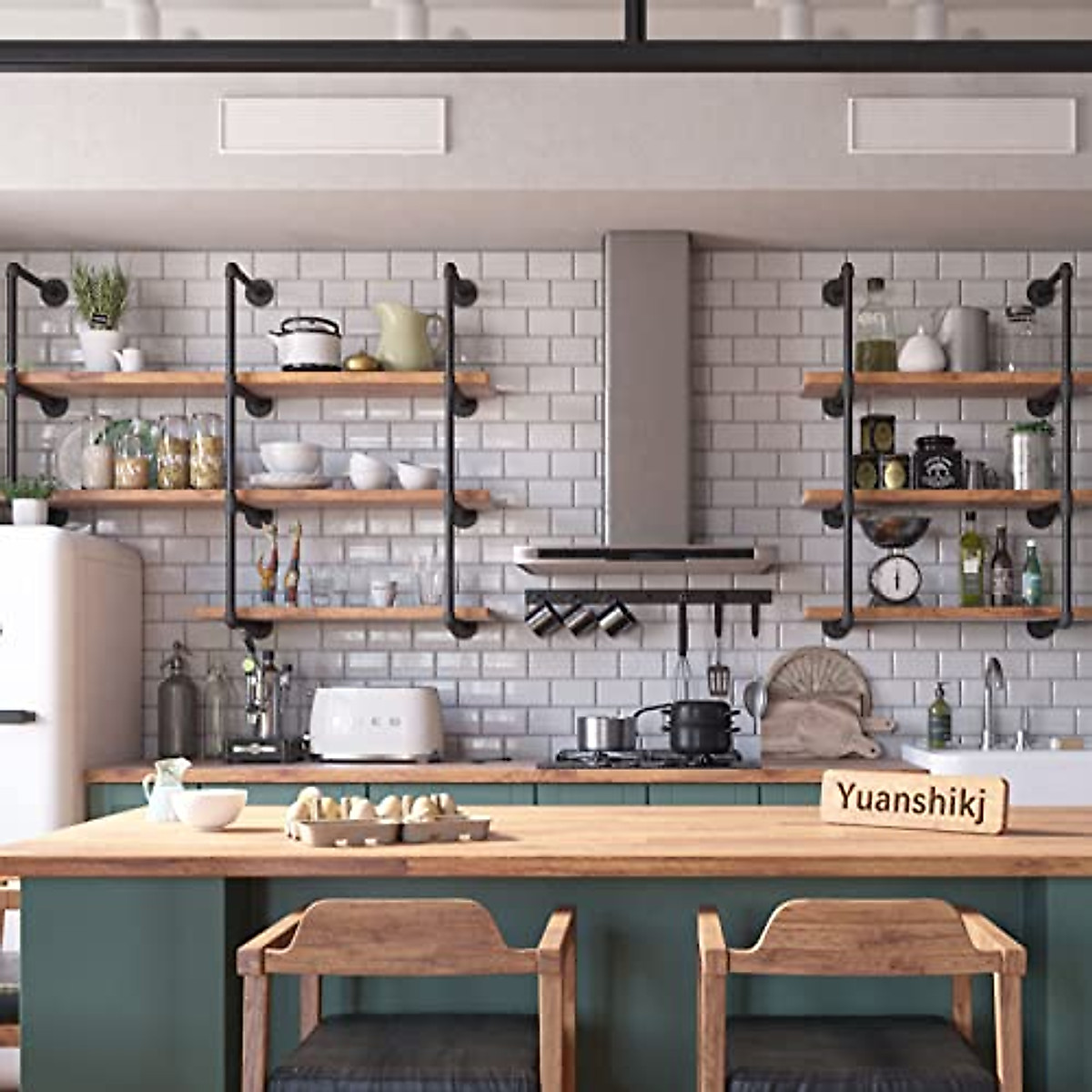 Yuanshikj 2Pc (42" Tall) (12" deep) Industrial Wall Mount Iron Pipe Shelf Shelves Shelving Bracket Vintage Retro Black DIY Open Bookshelf DIY Storage offcie Room Kitchen (2 Pcs 4Tier Hardware Only)