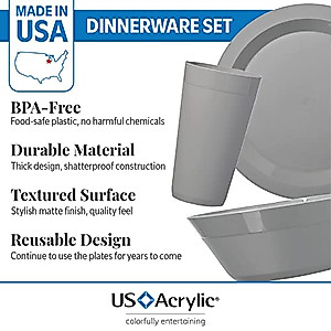 US Acrylic Newport Plastic Plate, Bowl and Tumbler Dinnerware Set for 4 in Grey Stone | 12-Piece Drinking and Dining Set | Reusable, BPA-free, Made in the USA, Top-rack Dishwasher Safe