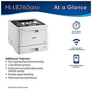 Brother HL-L8260CDW Business Color Laser Printer, Flexible Wireless Networking, Mobile Printing, Speed Up to 33ppm, Automatic Duplex Printing, 2400 x 600 dpi, 250-sheet Capacity, Ethernet, White