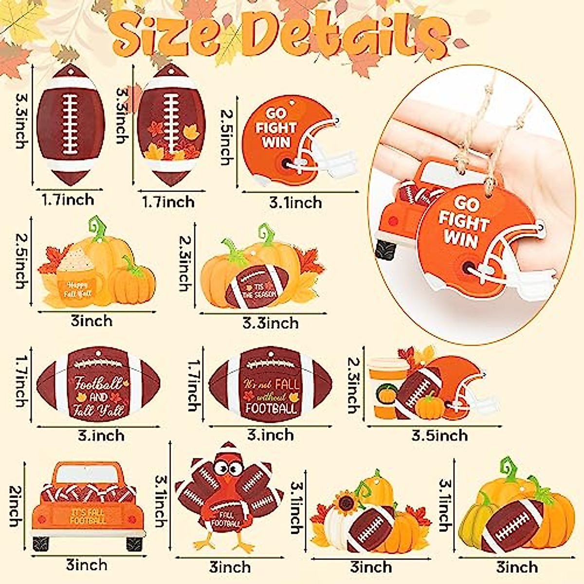 CNhoqc 37pcs Fall Football Wooden Hanging Ornament Set, 12 Designs Happy Fall Football Pumpkin Maple Leaf Wooden Pendent Ornament with Ropes Fall Football Party Favor Supplies Indoor Outdoor Decor