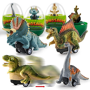 4 Pack Prefilled Easter Eggs with Dinosaur Pull Back Cars, Jumbo Plastic Easter Eggs with Toys Inside for Easter Basket Stuffers, Party Favors Gifts for Toddler Kids Boys Girls