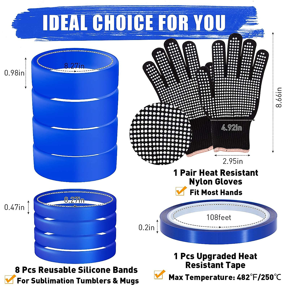 Silicone Bands for Sublimation Tumbler - 8Pcs 2 Sizes, 2 Pcs Heat Gloves for Sublimation, 1 Piece Heat Tape for Sublimation, Sublimation Accessories and Supplies