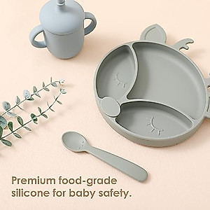 ROCCED Silicone Baby Feeding Set Baby Led Weaning Supplies Toddler Dish Set First Stage Solid Food Eating Utensil, Suction Plates with Spoons Baby Suction Bowls Bibs Cups Placemat- 6M+ Sage
