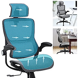 X XISHE Office Chair, Ergonomic Mesh Office Chair, High Back Desk Chair - Adjustable Headrest with Flip-Up Arms, Tilt Function, Lumbar Support, and PU Wheels, Swivel Computer Task Chair