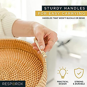 Round Wicker Tray with Wooden Handles. 13.8in Decorative Tray for Coffee Table, Ottoman Serving Tray for Drinks, Snacks, Boho Tray for Bathroom Decor.