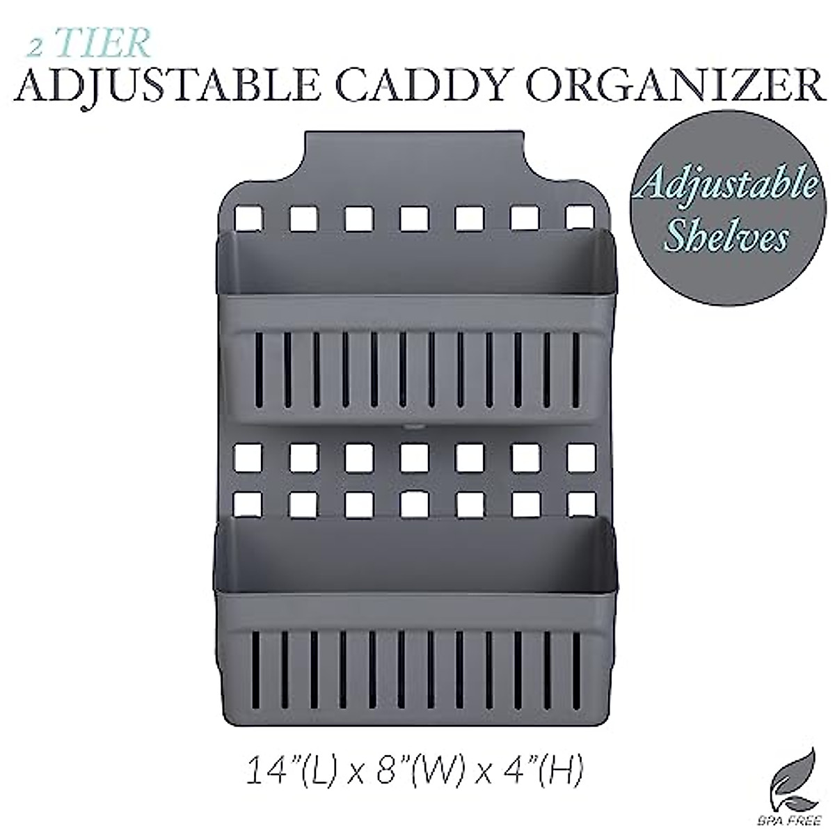 Simplify 2 Tier Over the Cabinet Caddy| Dimensions: 14"x 8"x 4"| Adjustable Shelves | Home Organization | Baskets Hold | Bottles | Cans | Cleaning Products | Hair Tools | Cabinet Storage | Grey