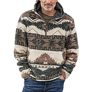 chouyatou Men's Tribal Aztec Printed 1/4 Zip Fuzzy Sherpa Pullover Sweatshirt Hoodie (Medium, Brown)