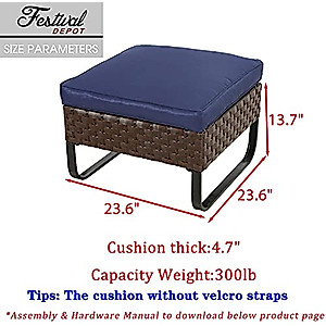 Festival Depot Outdoor Ottoman Patio Bistro Furniture Footstool Foot Rest with All-Weather Premium Fabric Soft Blue Cushion Brown Wicker Rattan and U Shaped Slatted Steel Legs for Garden Yard Lawn