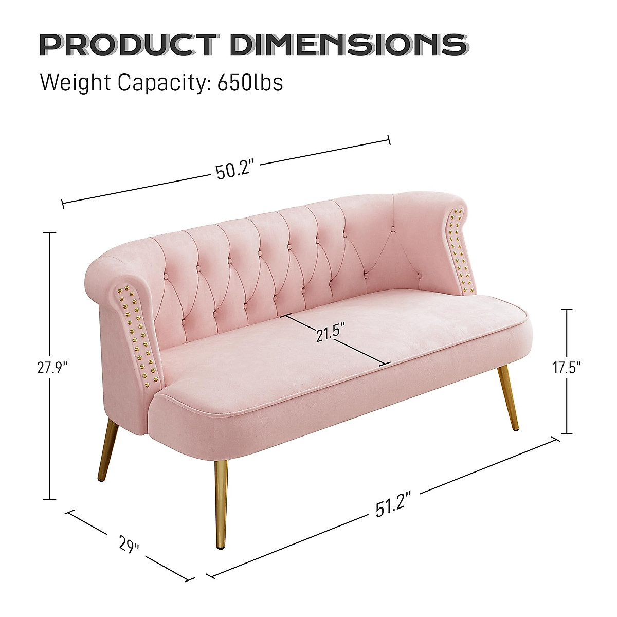DAMAIFROM Velvet Loveseat Sofa, Modern 2 Seater Sofa with Gold Legs, 51" W Upholstered Tufted Couch for Living Room, Comfy Love Seat Small Furniture for Apartment, Small Spaces, Pink