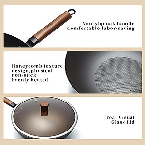 WANGYUANJI Iron Wok 12.6 inches,Wooden Handle Chinese Iron Pot Carbon Steel Wok Non-Coated Stir Fry Pan,Suitable for Home Cooking, Compatible with Induction, Gas, and Electric Ceramic Cooktops