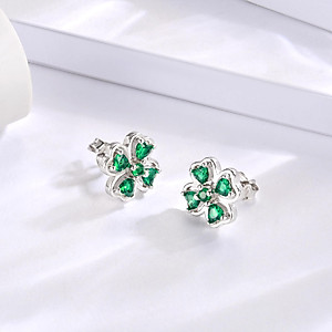 Irish Four Leaf Clover Jewelry for Women:925 Sterling Silver St Patricks Day Shamrock Rings Earrings Green Heart Luck Jewelry Gift for Women (Stud A)