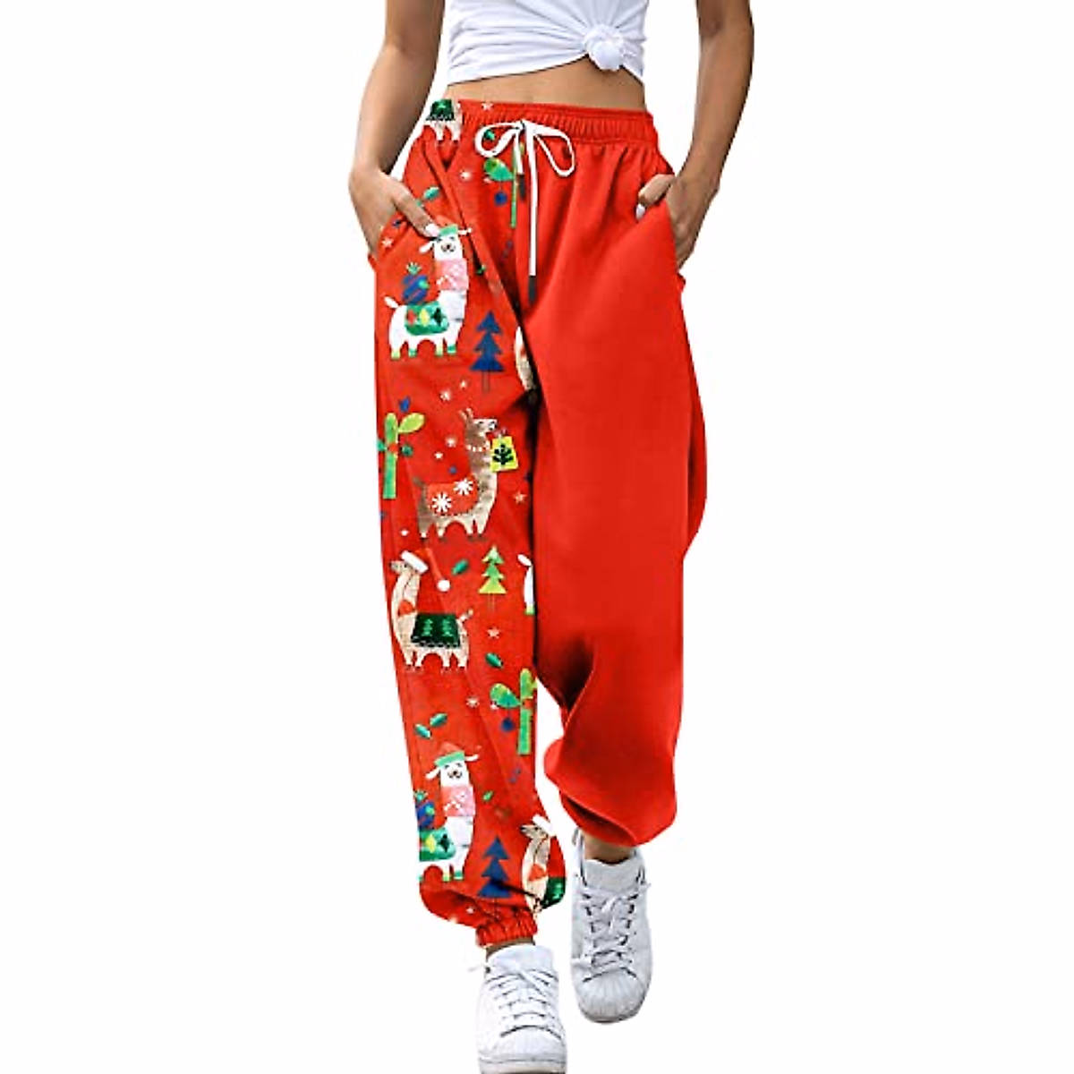 Womens Cargo Sweatpants,High Waisted Sweatpants for Women Christmas Print Elastic Waisted Workout Jogging Drawstring Casual Baggy Workout Pants Santa Claus Graphic Print U XL