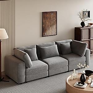 ERYE Morden Soft Corduroy Upholstered 3 Seater Sofa Couch Super Deep Seat Sofa&Couch with Removable Back Cushions and 5 Pillows for Living Room, Apartment, Office