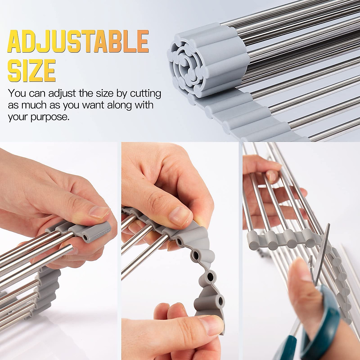 SunCleanse Roll-up Dish Drying Rack with Silicone Grid, Multipurpose Dry Rack Dish Drainer, Stainless Steel Foldable Dish Drying Rack for Sink Counter, Mini Grey 17.8"x11.8"