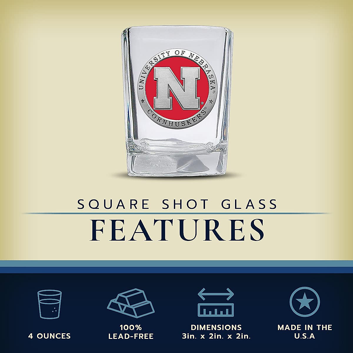 Heritage Pewter Nebraska Square Shot Glass | Hand-Sculpted 1.5 Ounce Shot Glass | Intricately Crafted Metal Pewter Alma Mater Inlay